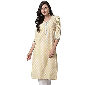 Chandrakala Women's 100% Cotton Tunic Top 3/4th Sleeve Straight Kurti Kurta,Medium,Beige (K218BEI2)
