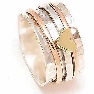 925 Sterling Silver Spinner Ring Meditation Ring Anxiety Ring with Brass Hearts and Fidget Bands Worry Band (8.5)