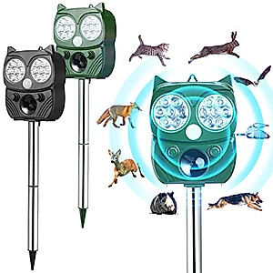 Kittmip 2 Pieces Ultrasonic Animal Repeller Solar Powered Animal Repellent Animal Deterrent Devices Waterproof with Motion Sensor Audible Alarm Flashing Light for Garden Cat Dog Mice Bird Deer