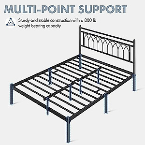 Yaheetech Queen Bed Frame, Metal Platform Bed with Modern Style Petal Accented Headboard, Mattress Foundation with Spacious Underbed Storage, No Box Spring Needed, Easy Assembly, Black Queen Bed