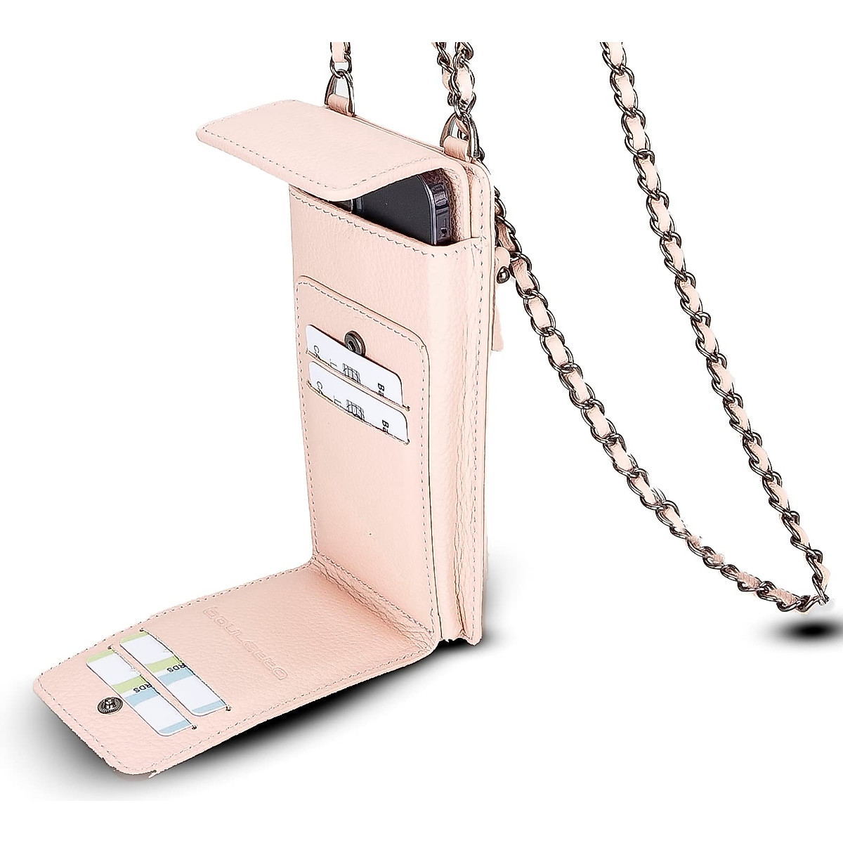 BOULETTA Crossbody Bag Cellphone Purse for Women-Leather Zipper Shoulder Wallet with Phone Pocket and Chain Strap 4 Card Slots Small