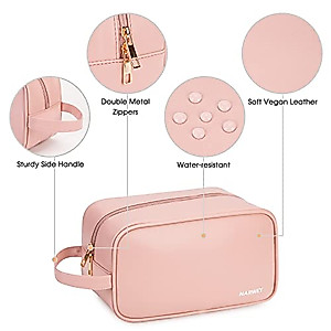 Narwey Vegan Leather Travel Toiletry Bag for Women Traveling Dopp Kit Makeup Bag Organizer for Toiletries Accessories Cosmetics (P-Pink)