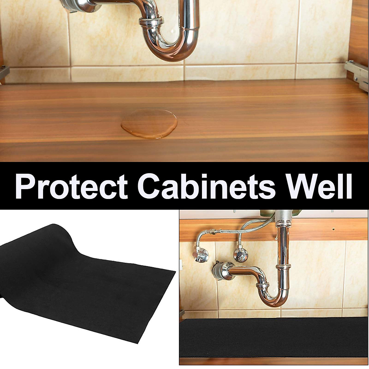 AiBOB Waterproof Under Sink Mat, Absorbent Quick Dry Sink Liners Protect Cabinets, Durable Shelf Liners, Slip Resistant and Non-Adhesive, 24X36, Pure Black