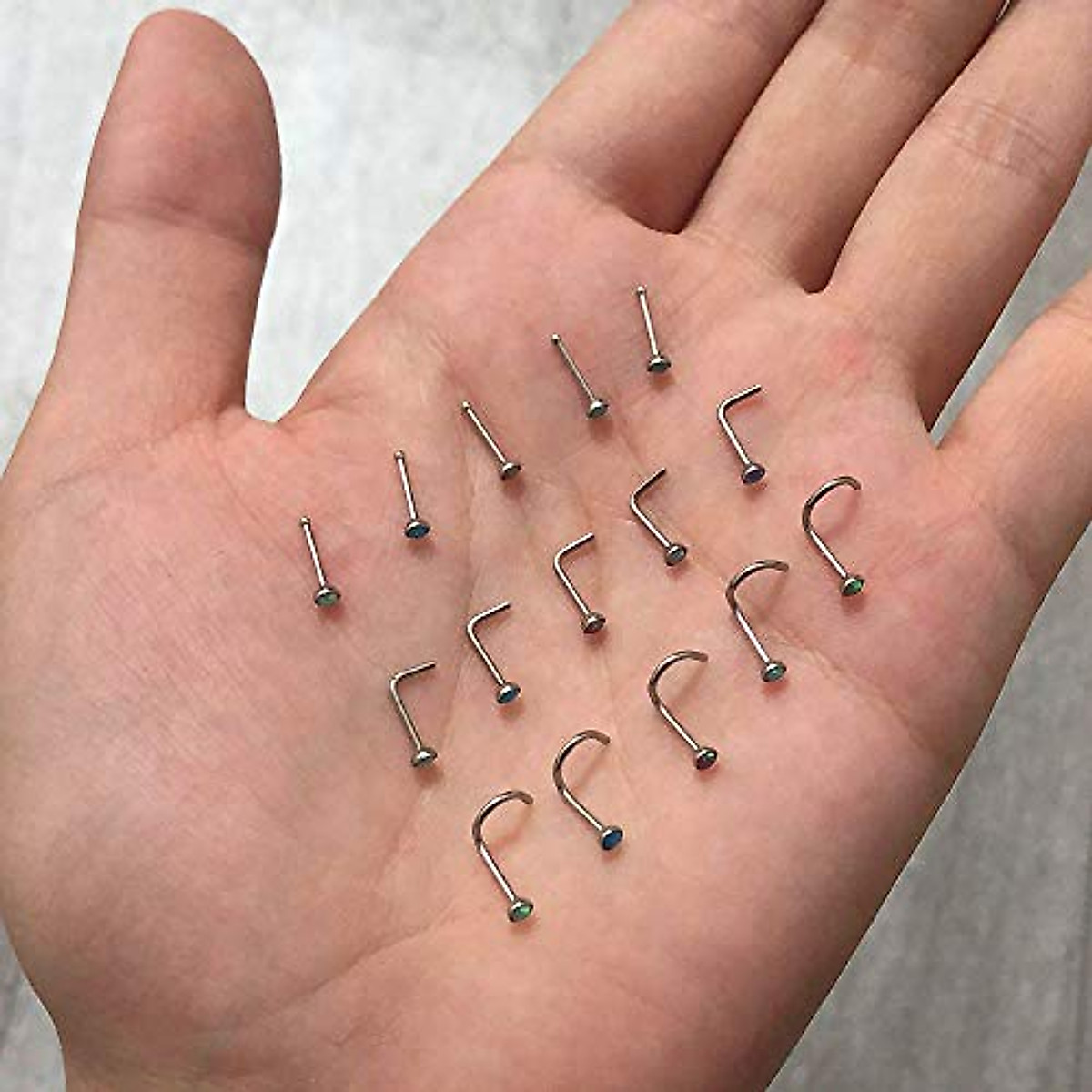 ZS 5 Pieces Opal Nose Studs 20 Gauge Nose Pin Blue Nose Piercing Stud Stainless Steel Nose Stud Retainer L-Shape (5PCS L-shaped Nose Rings)