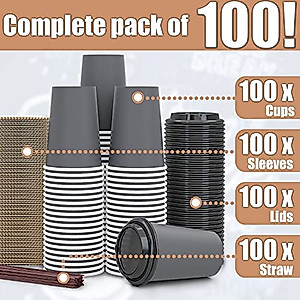 Luckypack Disposable Coffee Cups To Go with Travel Lids Sleeves and Straws 100% Biodegradable & Compostable Pla Eco Friendly Paper Coffee Cups 100 Sets of 12 oz