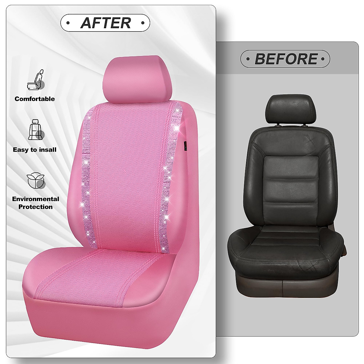 CAR PASS Bling Car Seat Covers, Shining Rhinestone Waterproof Faux Leather Pink Car Accessories Two Front Only Universal Fit Auto Glitter Crystal Sparkle Strips for Cute Women Girl, Pink Diamond