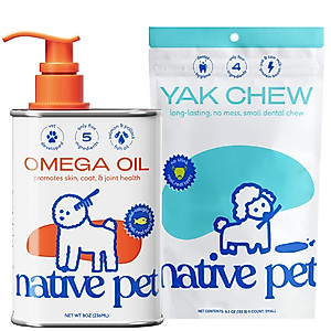 Native Pet Omega Oil for Dogs - Dog Fish Oil Supplements & Yak Chews for Dogs | Pasture-Raised and Organic Yak Cheese Himalayan Churpi Chews | 8 Oz. & 5 Small Yak Chews