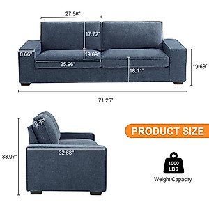EASELAND 88" Chenille Sofa Couch, 3 Seater Loveseat for Living Room, Lounge Sofa for Bedroom with Removable Back and Seat Cushions, Modern Deep Seat Comfy Couch with Solid Wood Legs and Armrest(Blue)