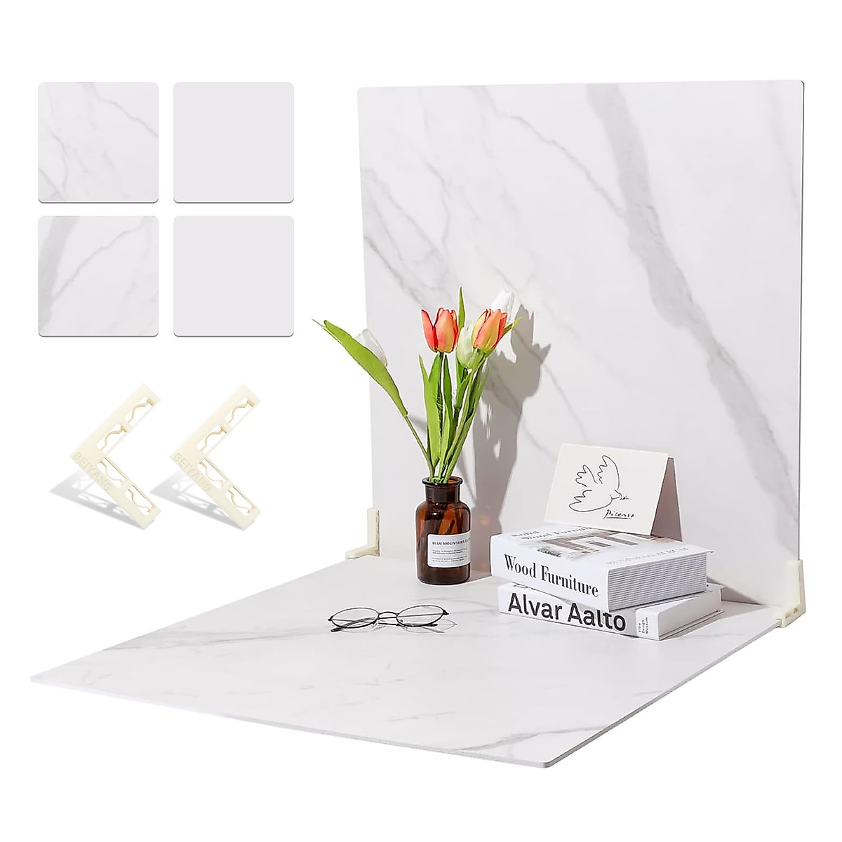 Food Photography Backdrops Paper, 6PCS Double Side Wood Marble Texture Photo Backdrop Paper, 22x35 inch Waterproof Backdrop for Small Product Jewelry Cosmetics Makeup Table Top Shooting Prop