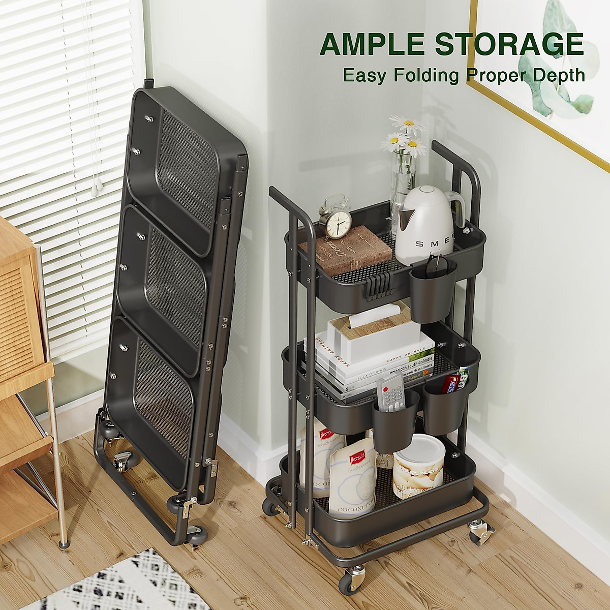 DTK 3 Tier Foldable Rolling Cart, Metal Utility Cart with Lockable Wheels, Folding Storage Trolley, 3 Small Baskets and 6 Hooks for Living Room, Kitchen, Bathroom, Bedroom and Office, Black