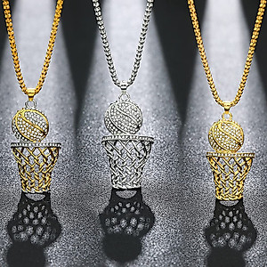COLORFUL BLING 14k Gold Hiphop Rhinestone Basketball Necklace Punk Basketball Chain Box Pendant Necklace Sports Rock Necklace for Men Women - Silver