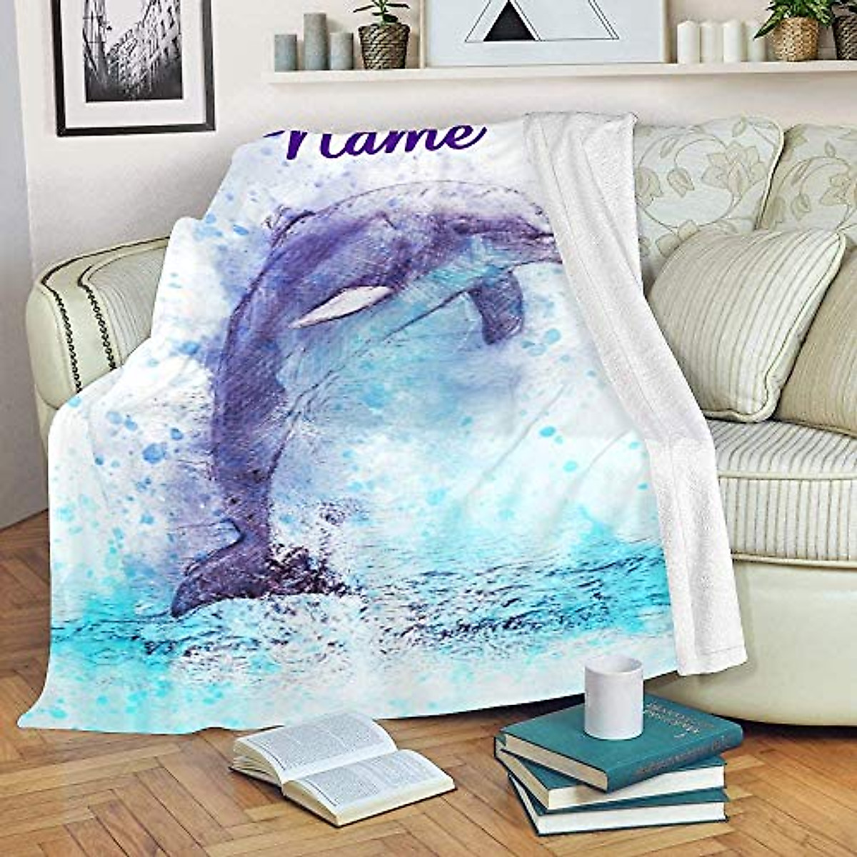 CUXWEOT Custom Blanket with Name Text,Personalized Dolphin Super Soft Fleece Throw Blanket for Couch Sofa Bed (50 X 60 inches)