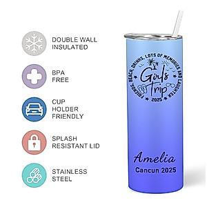 Personalized Girls Trip Tumbler, Custom Beach Vacation Tumbler with Name, Girls Weekend Gifts for Women, 2025 Girl Trip Cup Gifts, 20 oz Stainless Steel Cup with Straws, Bachelorette Party Gift