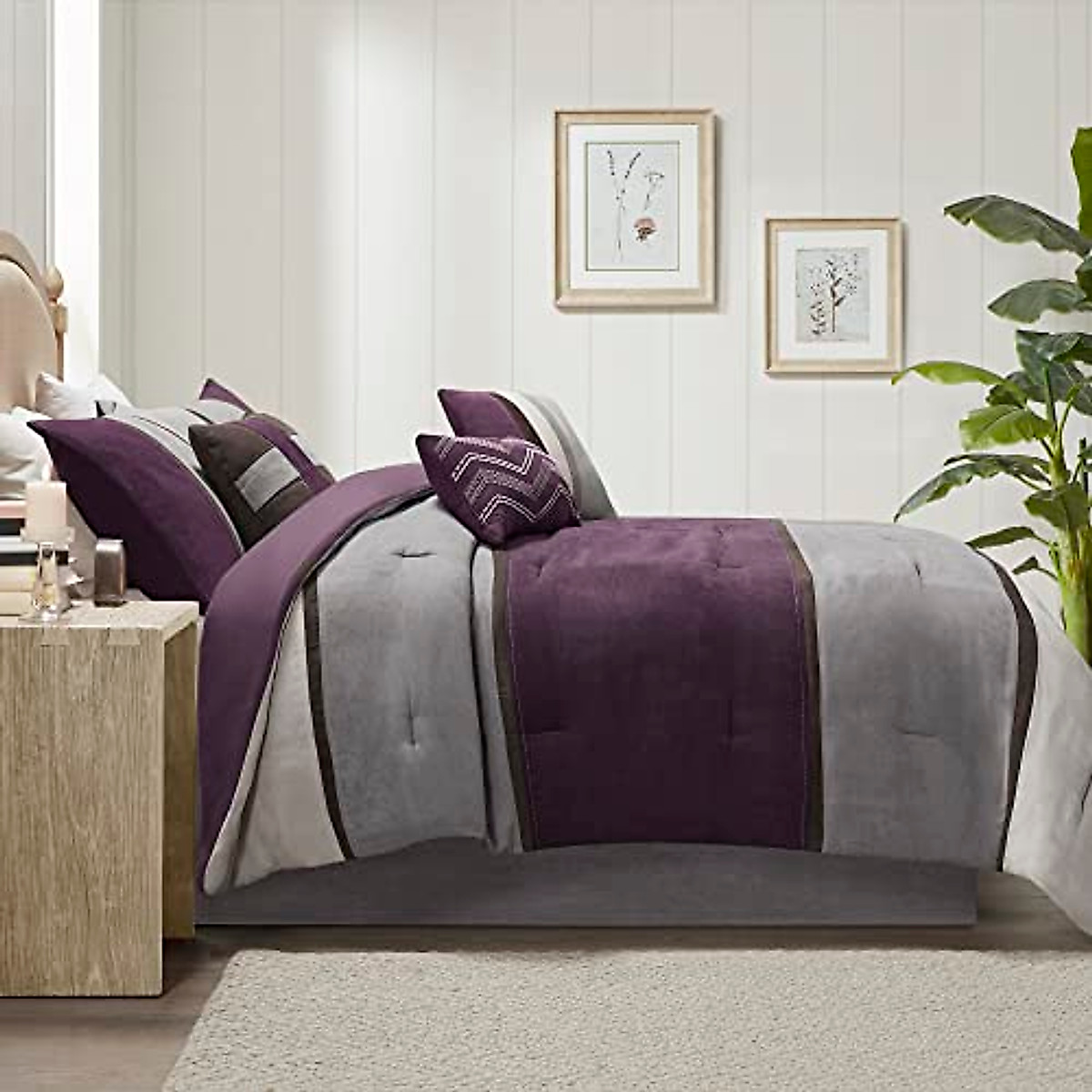 Madison Park Palisades Comforter Set Modern Faux Suede Pieced Stripe Design, All Season Down Alternative Cozy Bedding with Matching Shams, Decorative Pillows, Queen(90"x90"), Purple 7 Piece