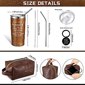 Roshtia Set of 3 Thank You Gift for Men Dad 20oz Stainless Steel Tumbler with Lid Straw Leather Toiletry Bag Inspirational Keychain Team Christmas Gift for Employee Teacher Staff(Wood Grain)