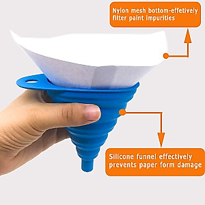 Paint Filter Strainer Cone Silicone Funnel Filter Tip, Paint Cone Paint Strainers Paper Cone Strainers Filter Cone Shaped Fine Nylon Mesh Funnel W/Hooks Disposable(200pcs, 1pcs Silicone Funnel Filter)