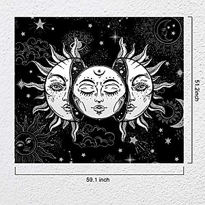 Instruban Sun and Moon Tapestry Black and White Tapestry Burning Sun God with Stars Wall Tapestry Psychedelic Tapestry for Bedroom Aesthetic - 51.2x59.1 Inches