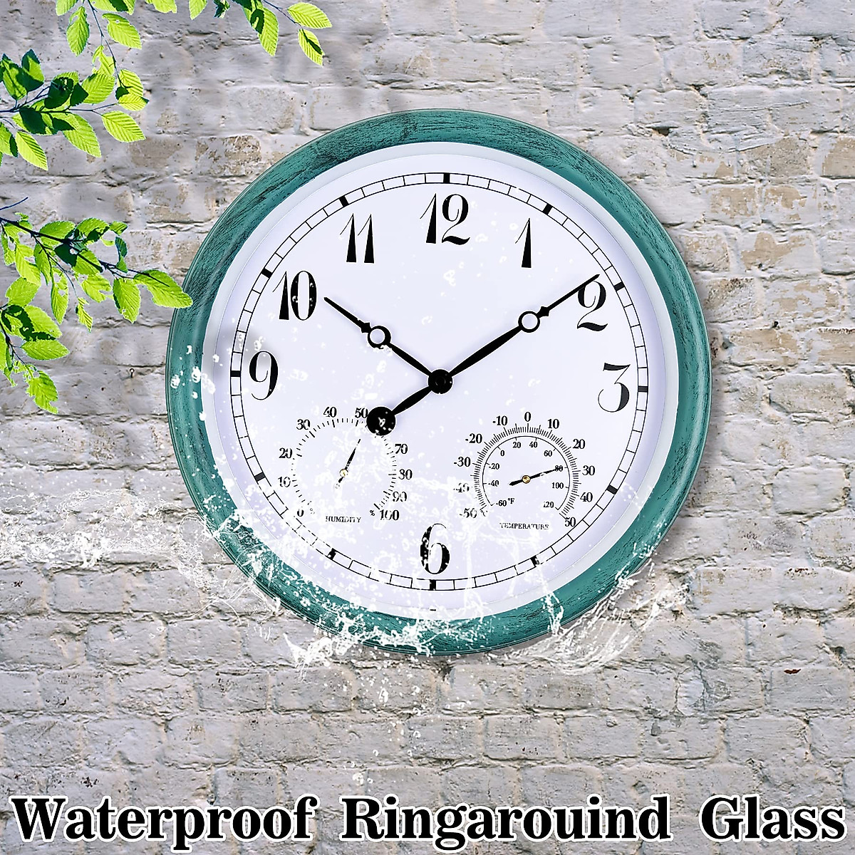 15 Inch Indoor/Outdoor Waterproof Wall Clock, Outdoor Clock with Thermometer and Hygrometer Combo, Retro Round Silent Battery Operated Quartz Wall Clock for Patio Home Bathroom Porch Pool (Green)