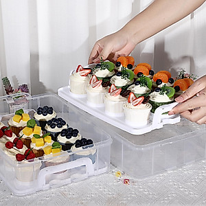 BTSKY 2 Tier Clear Plastic Cupcake Holder with Lid & Handles, Portable Cupcake Carrier for 24 Cupcakes, Stackable Cupcake Storage Container with Convenient Slot Tray Large Plastic Storage Box, White