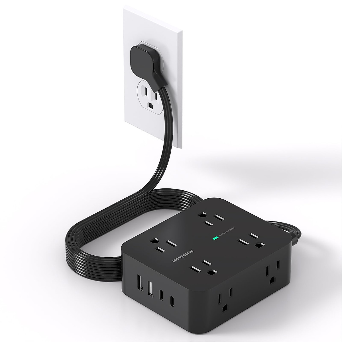 Power Strip Surge Protector, 5Ft Ultra Thin Flat Plug Extension Cord with Multiple Outlets, 8 Widely Outlet Extender with 4 USB Ports(2 USB C), 1080J Wall Mount for College Dorm Room Essentials Black