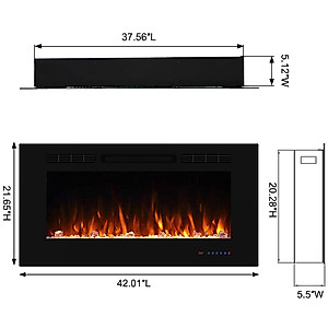 Masarflame 42" Recessed Electric Fireplace Insert, 5 Flame Settings, Log Set or Crystal Options, Temperature Control by Touch Panel & Remote, 750/ 1500W Heater, Black