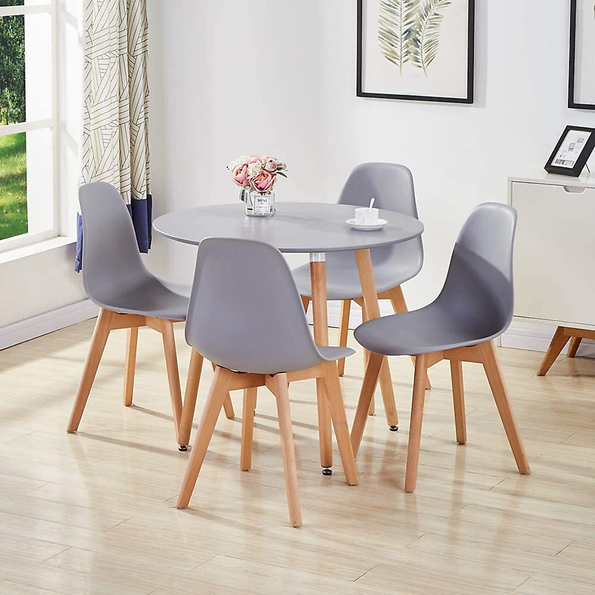 NIERN Round Dining Table with Beech Wood Legs, Modern Wooden Kitchen Table for Dining Room Kitchen (Grey)