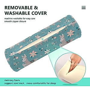 Vnurnrn Teal Llama Flower Neck Support Pillow Round Neck Roll Bolster Cylinder Pillow Cervical Pillows Memory Foam Pillow for Leg Knee Back Head Support for Work Women Men Traveling Headrest