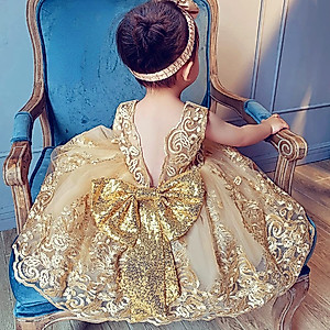 Baby Princess Girls Embroidery Dresses Toddler Lace Ruffles New Year Easter Tutu Dress with Headwear 12M 18M (Golden,80)