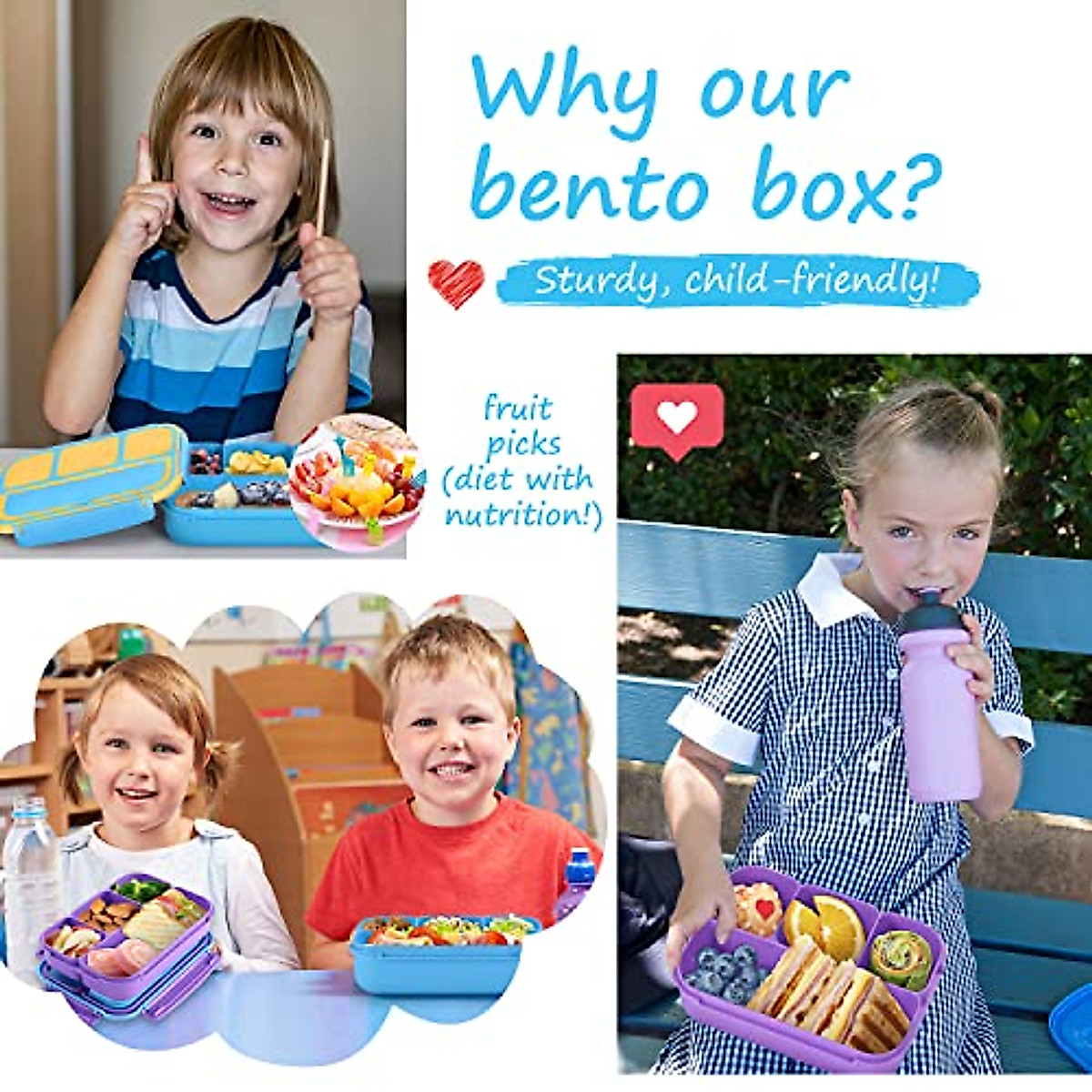 QQKO Bento Lunch Box for Kids Girls Boys, Toddler Kids Lunch Boxes for School, Lunch Containers for Adults Kids with 4 Compartments, Sauce Container, Utensils, Food Picks and Muffin Cups, Blue