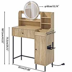 Jluomei Fluted Makeup Vanity Desk with Mirror and Lights Modern Makeup Vanity with Drawer Storage LED Makeup Table with Power Outlet Small Boho Vanity Desk for Bedroom Dressing Room, Natural