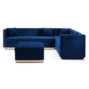 EMKK Modular Sectional Couch L Shaped Sofa with Ottoman,4 Pillows,Vertical Channel Tufted Velvet Sofá w/Wide Chaises,Upholstered Corner Sofa&Couch for Living Room Apartment, E-Blue