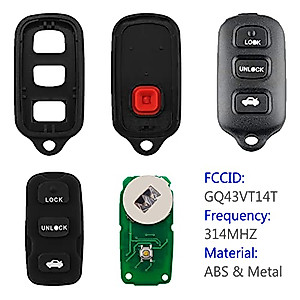 Key Fob Keyless Entry Remote Replacement for Toyota Camry 2000 2001 2002 2003 2004 2005 2006/2002-2006 Solara with FCC ID：GQ43VT14T (Set of 2)