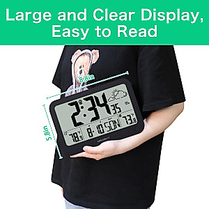 KIDLEDUCT Digital Wall Clock Battery Operated, Atomic Desk Clocks with Temperature Indoor Outdoor, 8.5" Large Display Weather Forecast Thermometer with 4 Alarms, 330ft Wireless