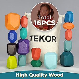 TEKOR 16 Pcs Wooden Stacking Rocks, Rainbow Balancing Stones, Natural Wooden Building Blocks, Educational Preschool Learning Lightweight Montessori Toys for Toddlers Boys Girls