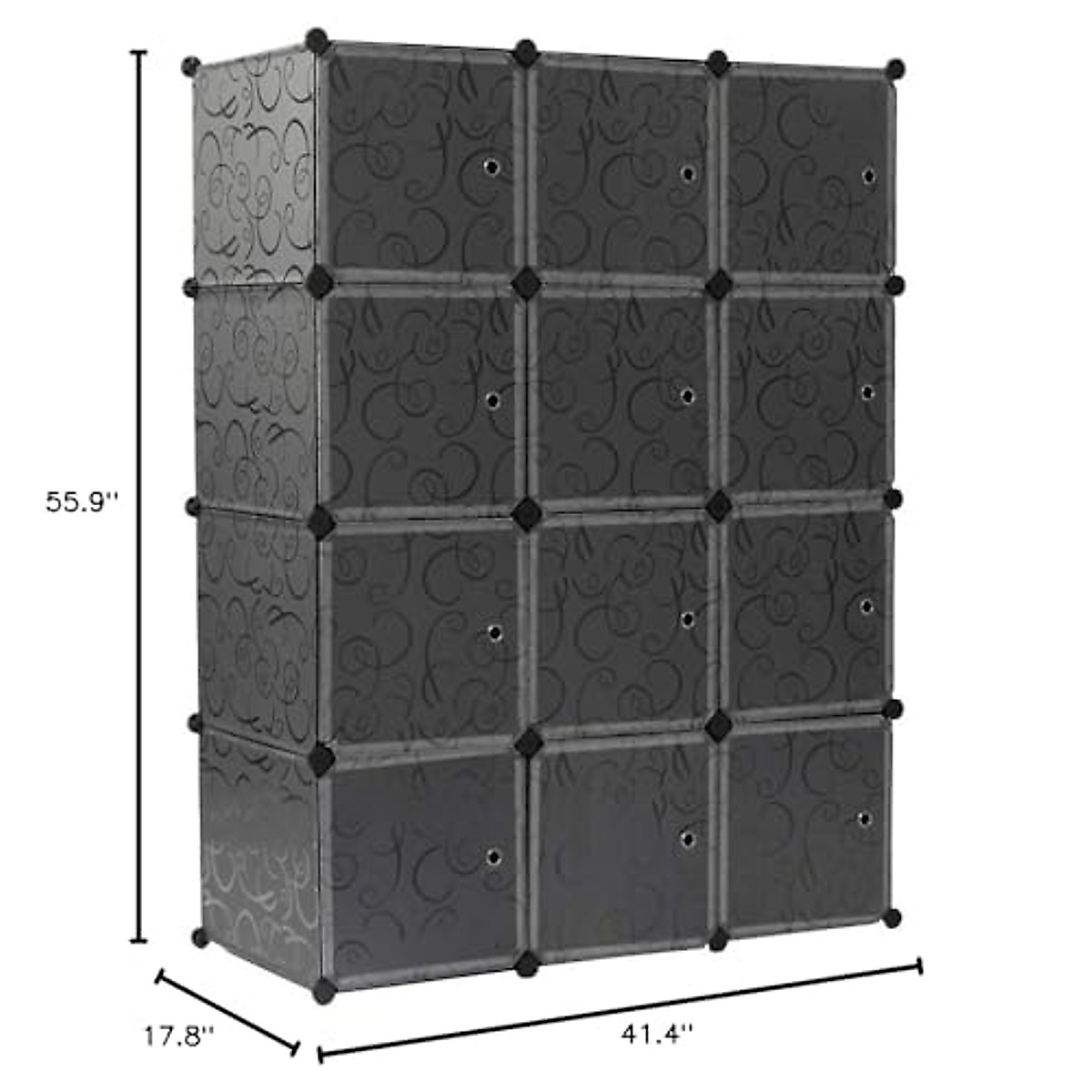 VINGLI Cube Storage, 12 Cube Organizer Shelves, Plastic Closet Cabinet, DIY Modular Storage Cube Organizer with Doors for Bedroom Living Room Office, Black