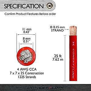 Conext Link 25 ft Red 4 Gauge Amplifier Power Ground Wire 25 Feet 4 GA AWG Amp Cable Roll （10846）