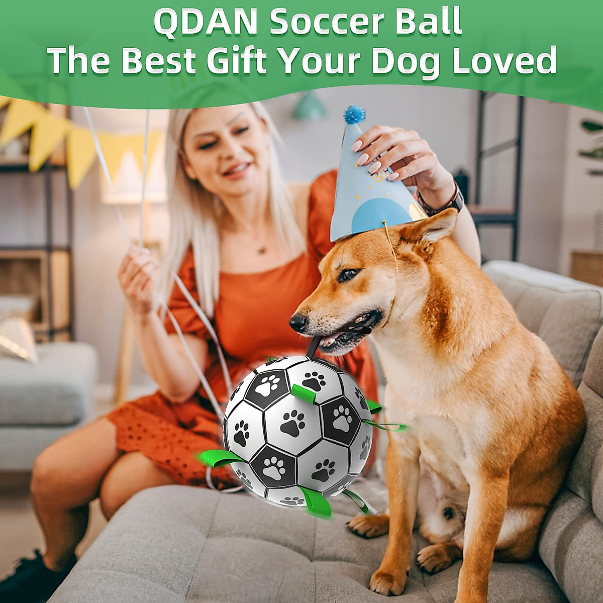 QDAN Dog Soccer Balls Toy with Bell Inside, Outdoor Interactive Dog Toys for Tug of War, Puppy Birthday Gifts, Dog Water Toy, Durable Ropes Squeaky Soccer Dog Ball for Medium and Large Dogs （8 INCH）