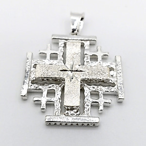 Sterling Silver (925) Jerusalem Crusader's cross Pendant. Handcrafted in the Holy Land. Two layer cross with Bethlehem star hand engraved.