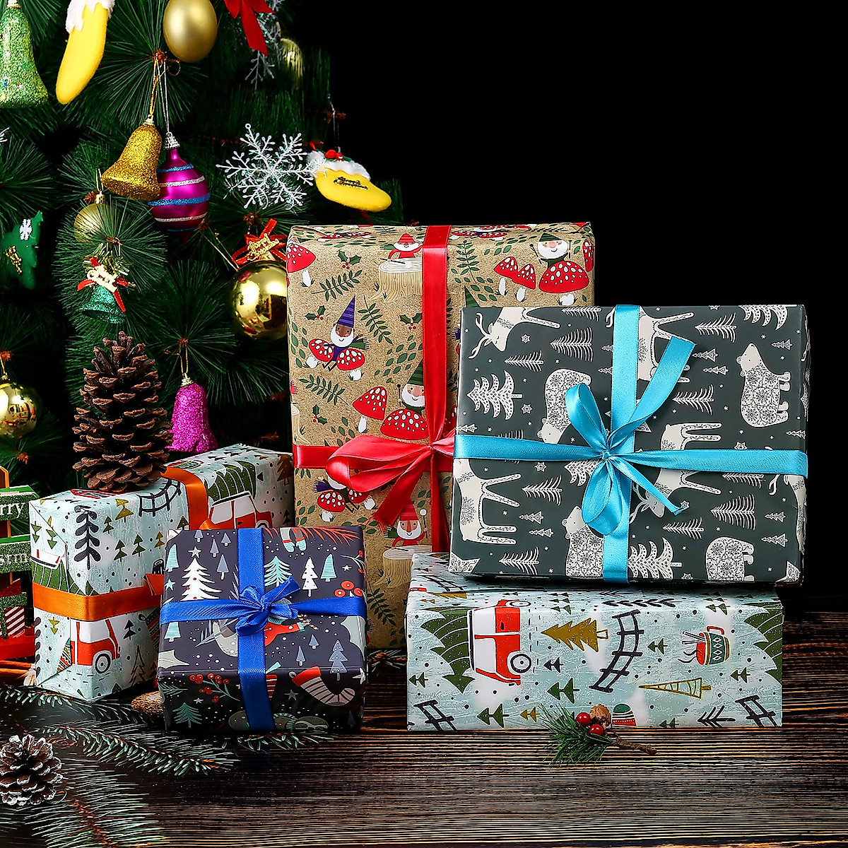 Christmas Wrapping Paper for Kids Boys Girls Men Women, Gift Wrapping Paper Include Santa, Stockings,Tree, Xmas Wrapping paper 20 x 29 Inches per Sheet （12 Sheets 48 sq. ft.）Recycled Easy Storage