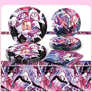 Spider-Gwen Party Supplies Tableware Cover Plates And Napkins Tablecloth Birthday Party Table Decoration Across the Spider Verse For 10 Guests Treat