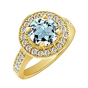 AFFY 3.65 cttw Simulated Blue Aquamarine & White Natural Diamond Halo Engagement Wedding Ring in 14K Solid Yellow Gold with, Ring Size 10.5