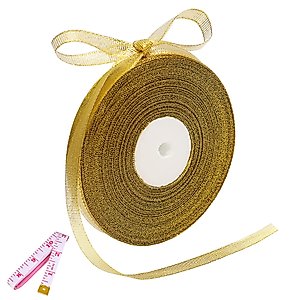 50 Yards Gold Glitter Ribbon 3/8 Inch, Sparkly Thin Solid Fabric Ribbon for Gift Wrapping, Crafts, Holiday Wedding Birthday Party Decoration Floral Bouquet, Metallic Gold Ribbon Roll