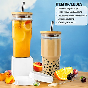 Reusable Boba Cup Smoothie Cup Boba Tea Cups, 2 Pack Wide Mouth 22oz Glasse Iced Coffee Cup with Bamboo Lid and Straw, Mason Jar Cup Drinking Glasses Tumbler with Straw and Lid (Silver Straw, 2)