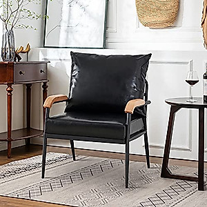 TUKAILAi PU Leather Single Sofa Couch, Modern Accent Chair with Solid Wood Armrest and Sturdy Metal Frame, Upholstered Lounge Chair Armchair for Living Room Bedroom Guest Reception (Black)