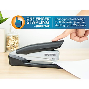 Bostitch Office Executive 3 in 1 Stapler, One Finger Stapling, No Effort, 20 Sheet Capacity, Integrated Staple Remover, Spring Powered Stapler, Black/Gray