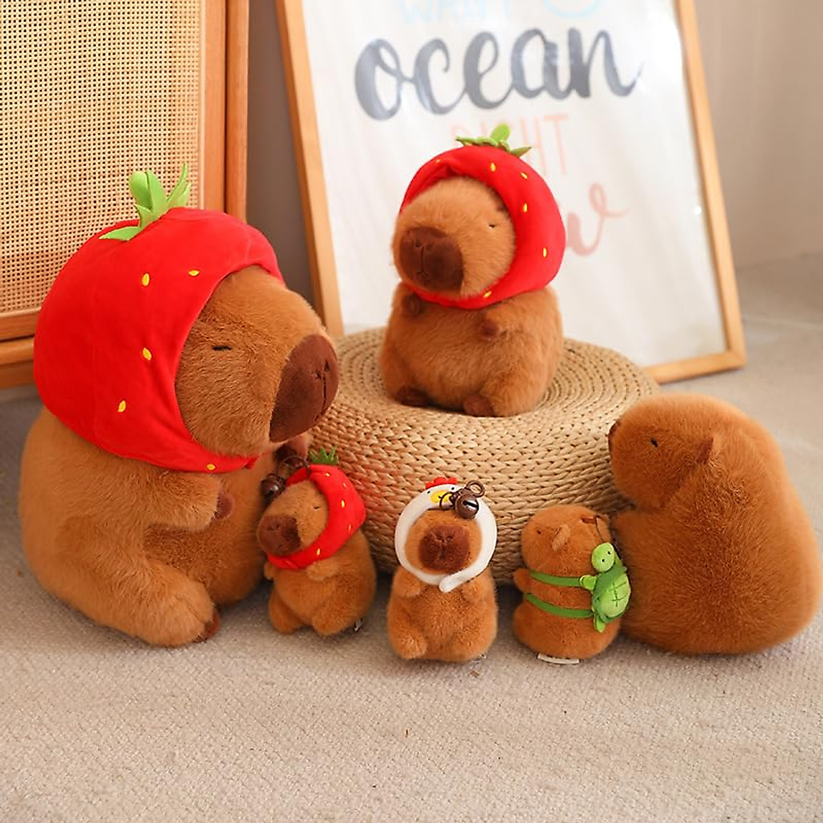HSYHERE Men Women Interesting Funny Cute Stylish Wearing Strawberry Chicken Hat Soft Plush Capybara Keychain Key Ring, Valentine Lover Christmas New Year Gift Bag Pendant -Tortoise Bag