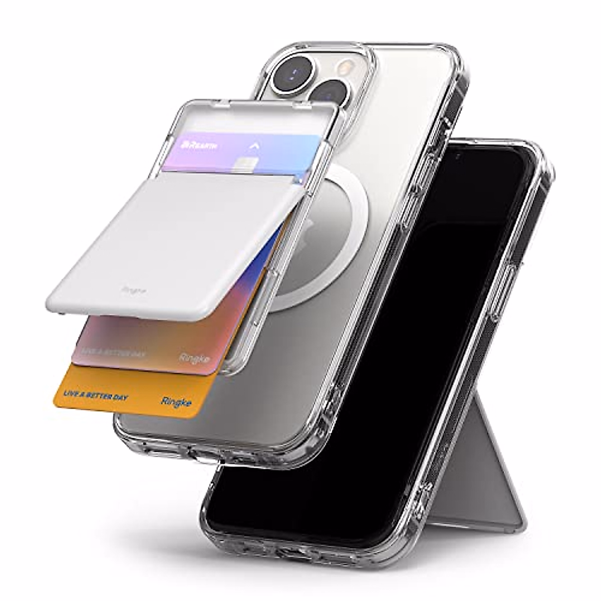 Ringke Magnetic Stand Slot Card Holder [Phone Wallet + Stand] ID & Credit Card Holder for Phone Case, Magnetic Card Wallet Compatible with Magsafe, iPhone 13, 12, Pro Max Mini - Clear & Light Gray