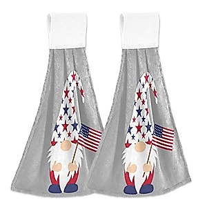 Patriotic Gnomes Kitchen Hanging Hand Towels,Memorial Day 4th of July Absorbent Tie Towel with Loop 2 PCS Kitchen Linen Sets for Bathroom Restroom Home Decor