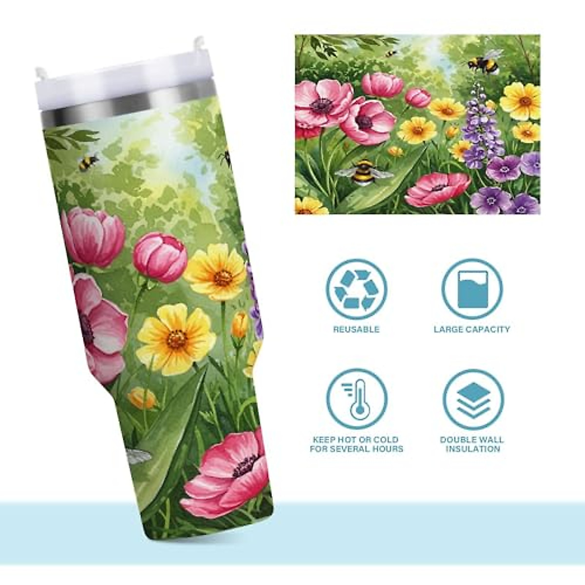 Maunzc 40 oz Tumbler with Handle and Straw, Insulated Stainless Steel Travel Mug with Lid for Coffee, Iced Tea, Water, Gift for Men Women (Spring Flowers Watercolor)
