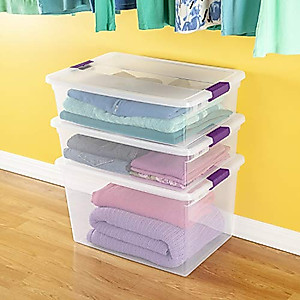 Sterilite 17551706 32 Quart/30 Liter ClearView Latch Box, Clear with Sweet Plum Latches, 6-Pack,Sweet Plum Handles